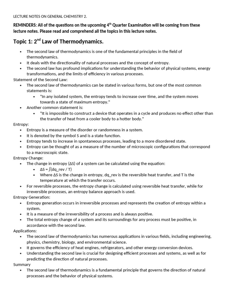 General Chemistry 2 Lecture Notes | PDF | Chemical Equilibrium | Redox
