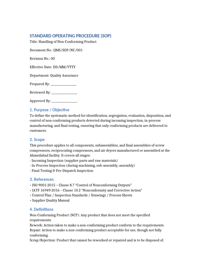 Non-Conforming Product SOP Guide | PDF | Production And Manufacturing ...