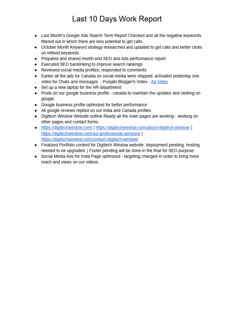 Last 10 Days Work Report | PDF