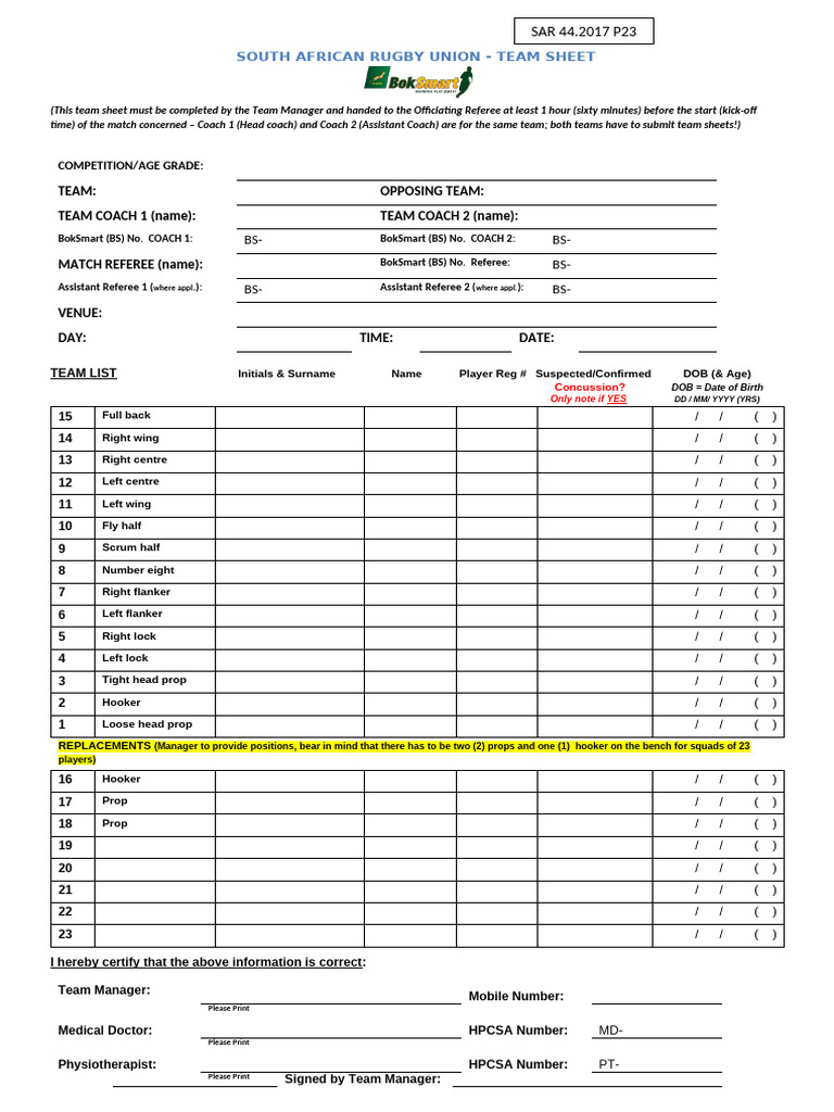 South African Rugby Team Sheet Template | PDF | Positions (Team Sports ...