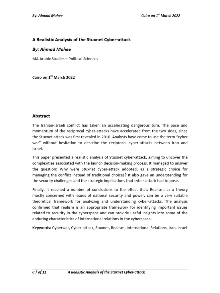 A Realistic Analysis of The Stuxnet Cyber Attack | PDF | Cyberwarfare | Security
