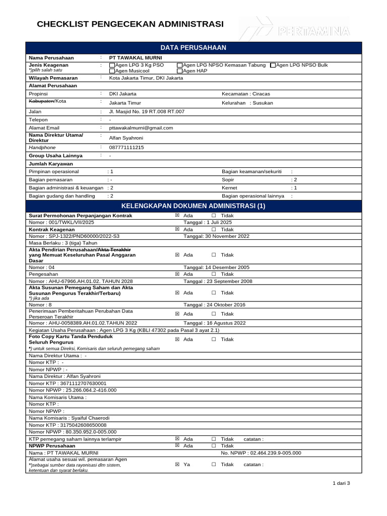 Checklist Pengecekan Administrasi Agen (Checklist DGA) PT Tawakal Murni ...