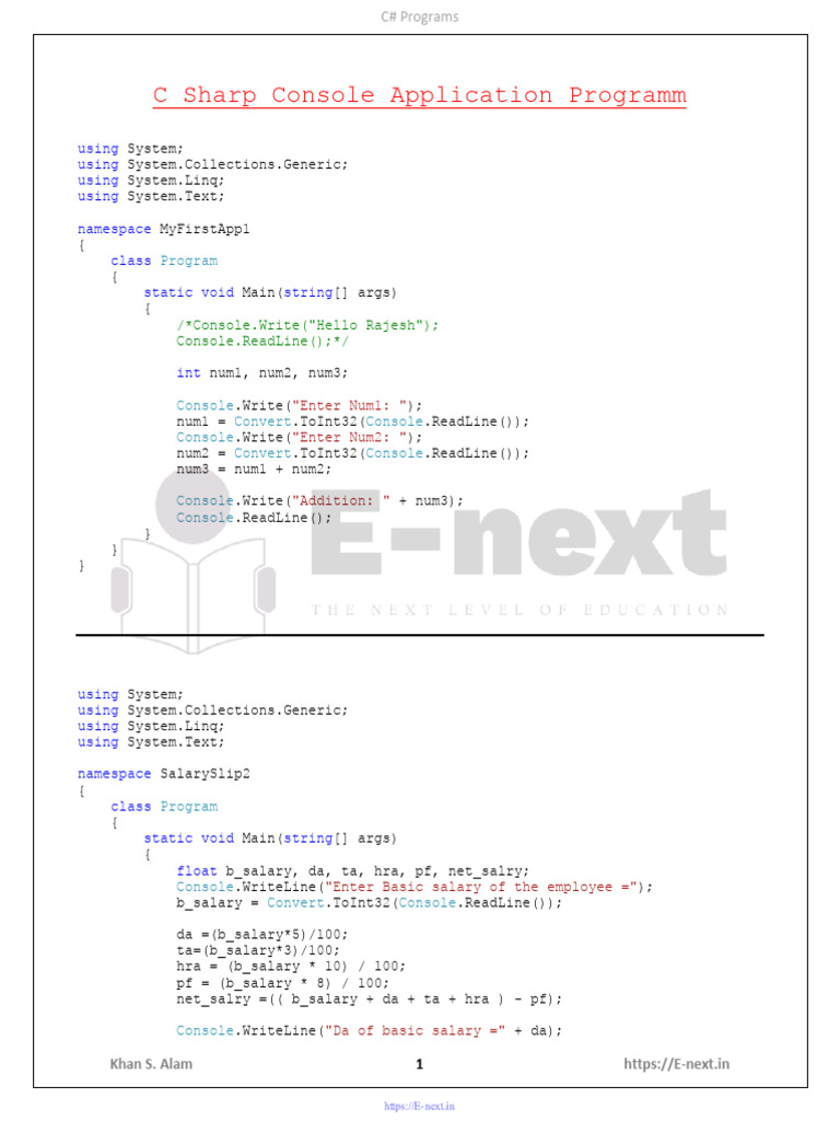 C# Programs (E-Next - In) | PDF | C Sharp (Programming Language) | Software