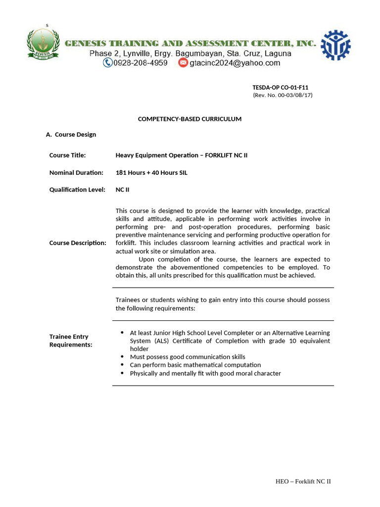 Forklift Operation Course NC II Guide | PDF | Methodology | Learning