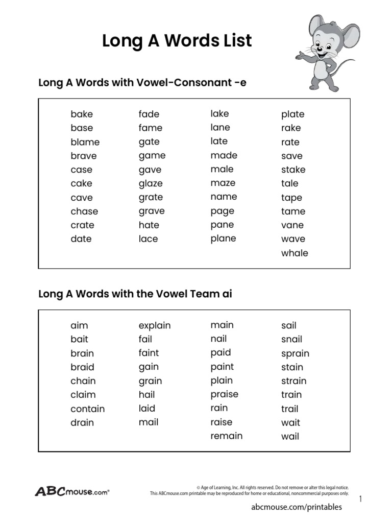Long A Words Printable List | PDF