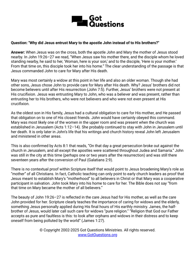 Why Did Jesus Entrust Mary To The Apostle John Instead of To His ...