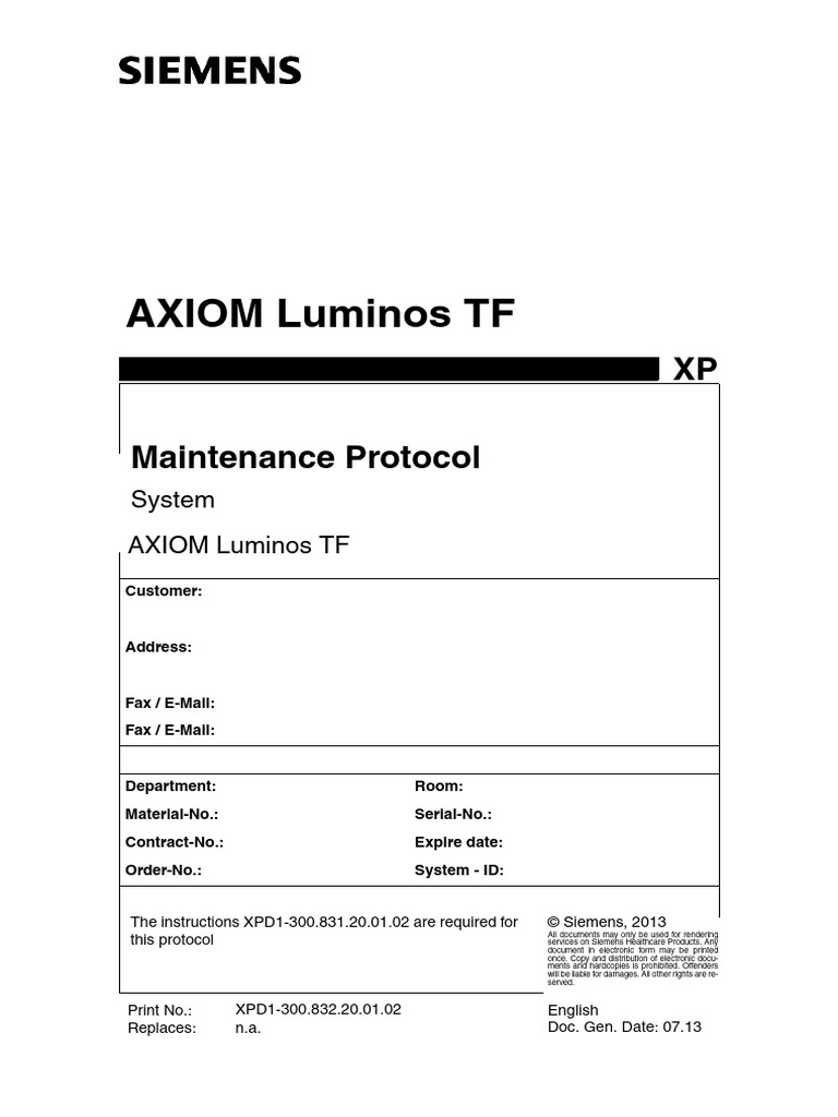 AXIOM Luminos TF Maintenance Protocol | PDF