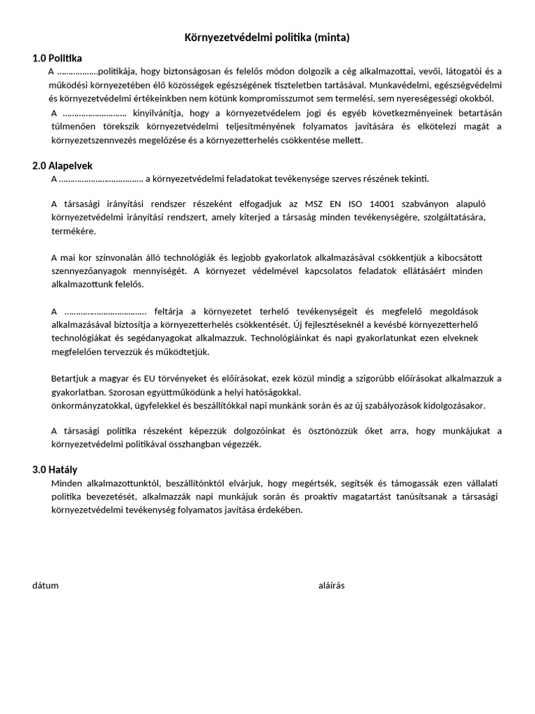 Környezetvédelmi Politika Minta | PDF