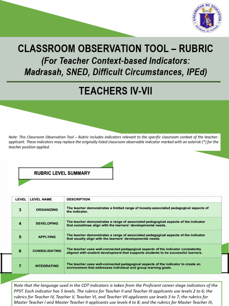 COT Rubric For Domain 3 Indicators (Teachers IV-VII Applicant) | PDF ...