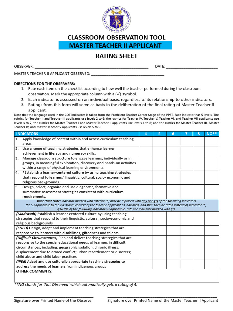 Master Teacher II Observation Rating Sheet | PDF | Teachers ...