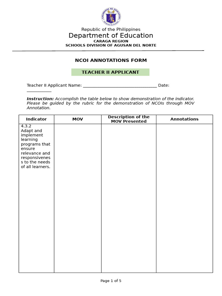 NCOI Annotations Form For Teacher II Applicant | PDF | Pedagogy | Teaching