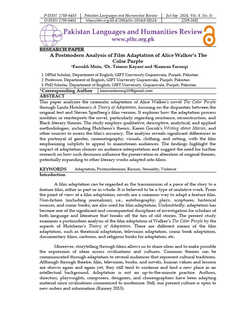 A Postmodern Analysis of Film Adaptation of Alice Walker's The Color Purple | PDF | Postmodernism