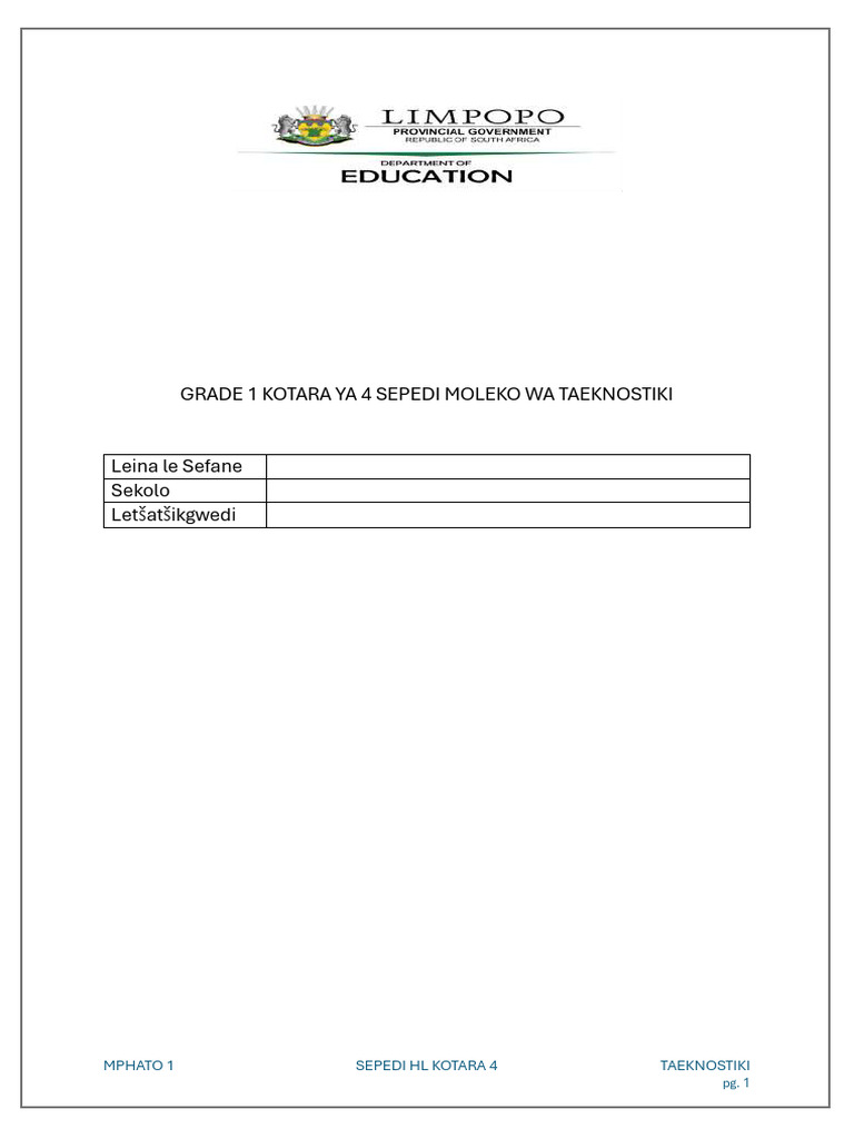 Grade 1 Sepedi Term 4 Lesson Plan | PDF