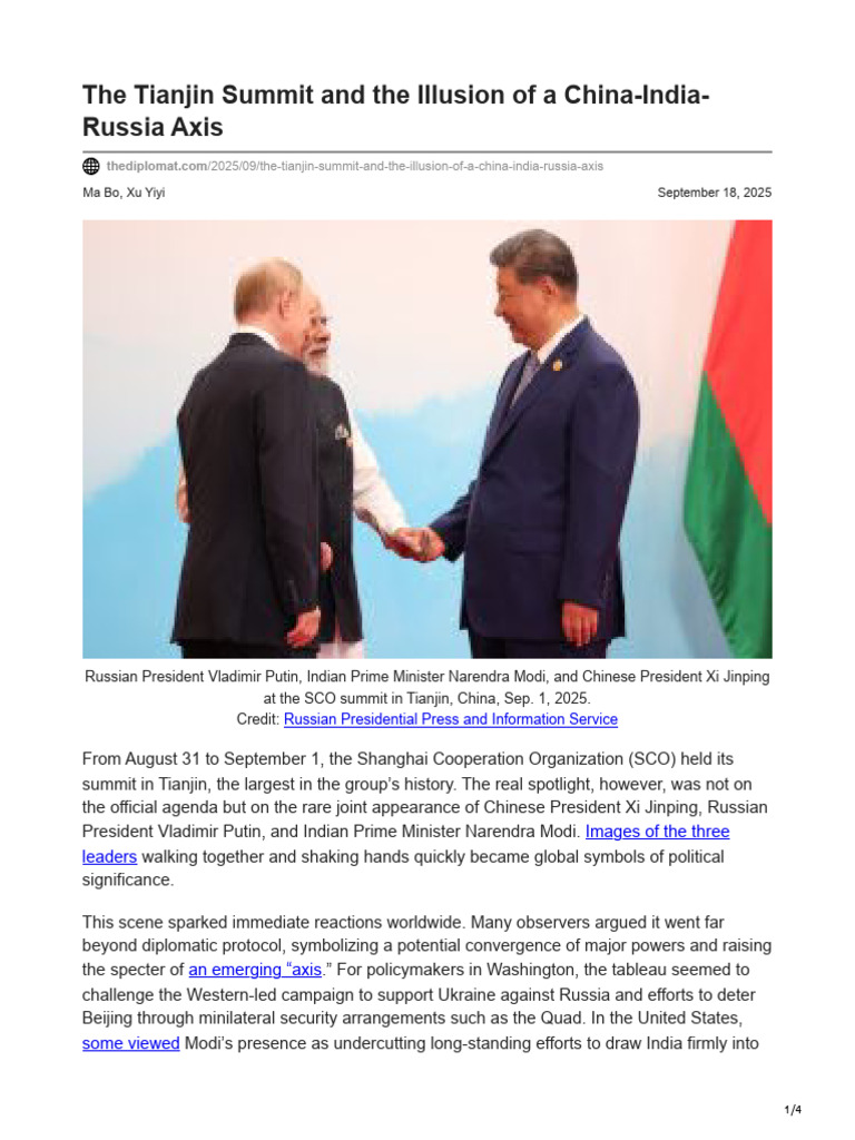 The Tianjin Summit and The Illusion of A China-India-Russia Axis | PDF ...