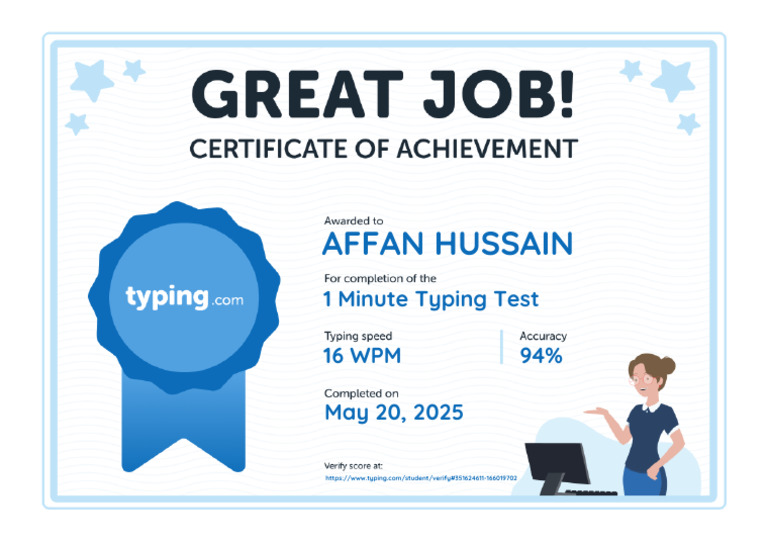 Affan Hussain: 1 Minute Typing Test 16 WPM 94% May 20, 2025 | PDF