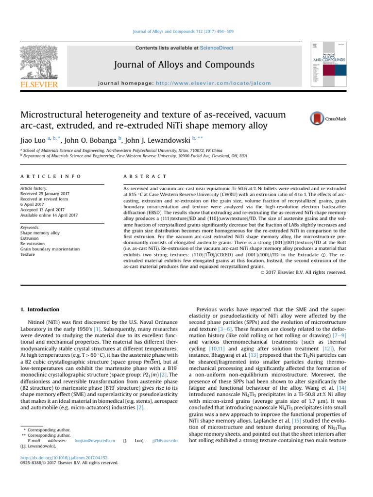 NiTi Shape Memory Alloy Microstructure Analysis | PDF | Extrusion ...