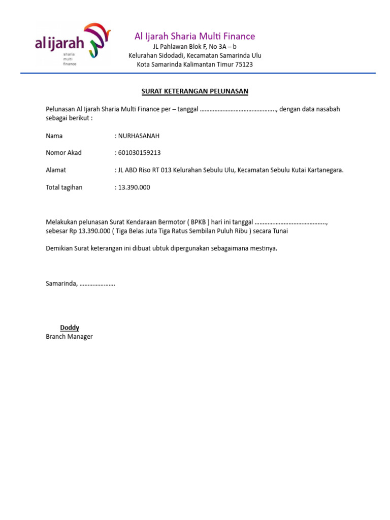 Surat Pelunasan Al Ijarah Sharia | PDF