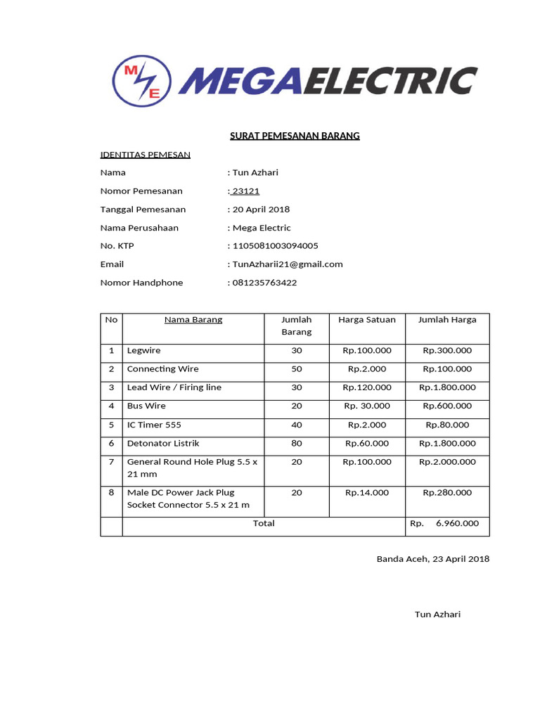 Surat Pemesanan Barang Mega Electric | PDF