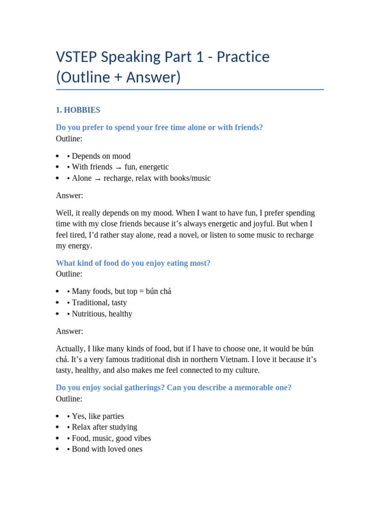 VSTEP Speaking Part 1 Practice Guide | PDF