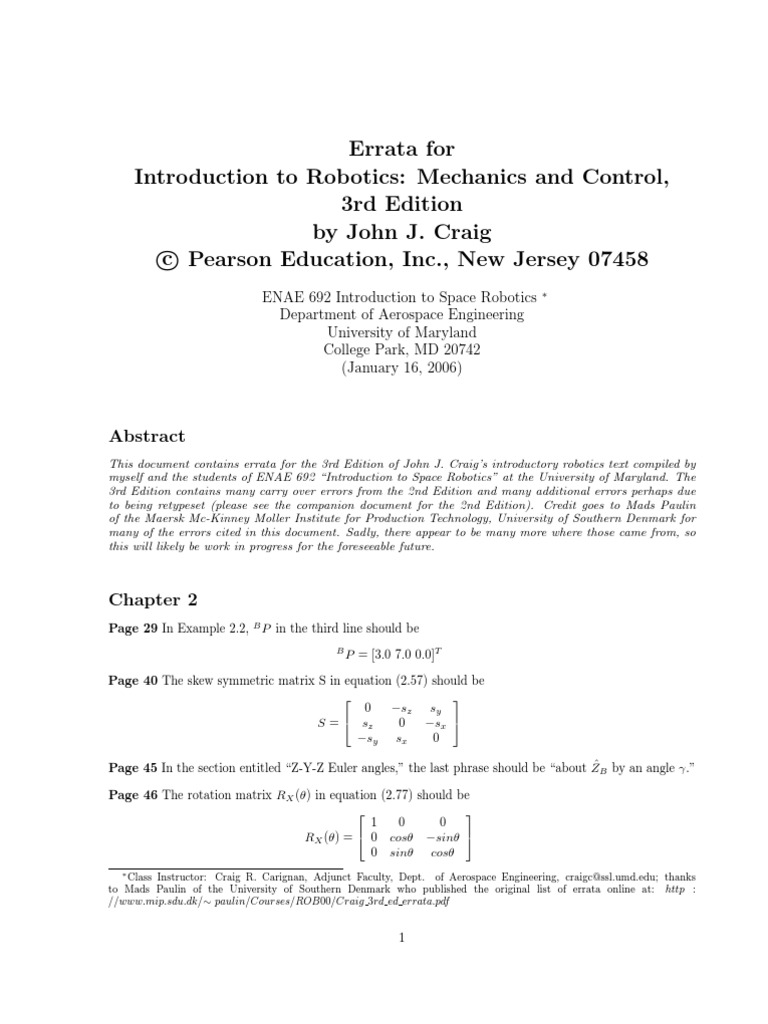 Errata For Introduction To Robotics: Mechanics and Control, 3rd Edition ...