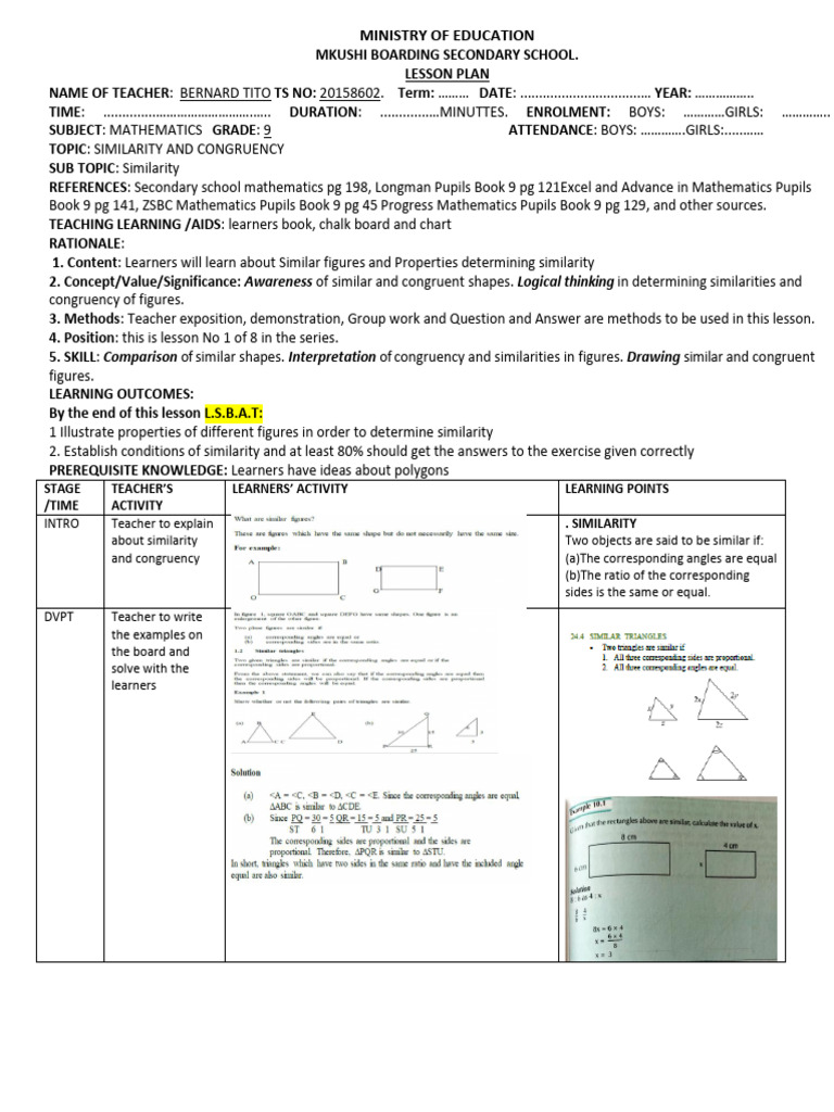 Similarity And Congruency Grade 9 Lesson Plans Pdf Euclidean