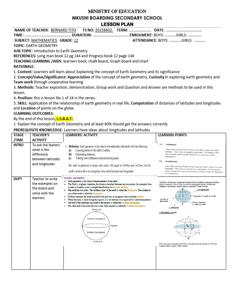 Grade 12 Earth Geometry Lesson Plan | PDF | Latitude | Learning