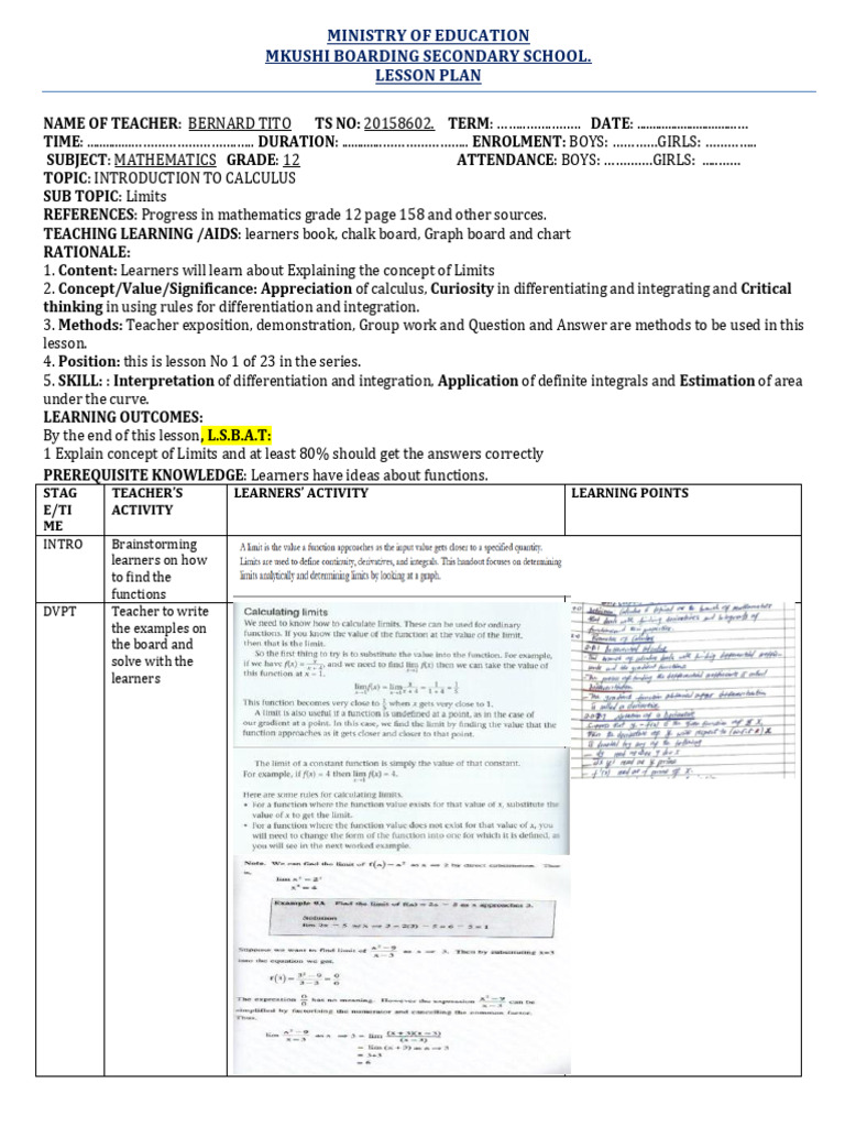 Grade 12 Calculus Lesson Plans | PDF | Integral | Calculus