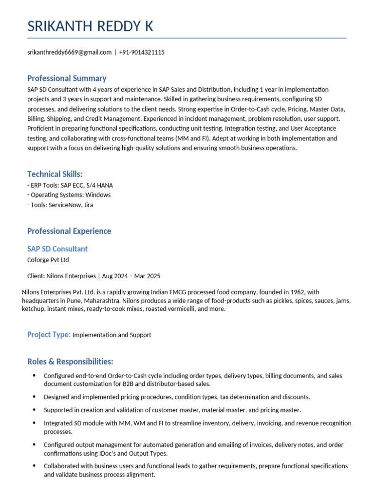 Srikanth Reddy SAP SD Updated Resume | PDF | Pricing | Computing