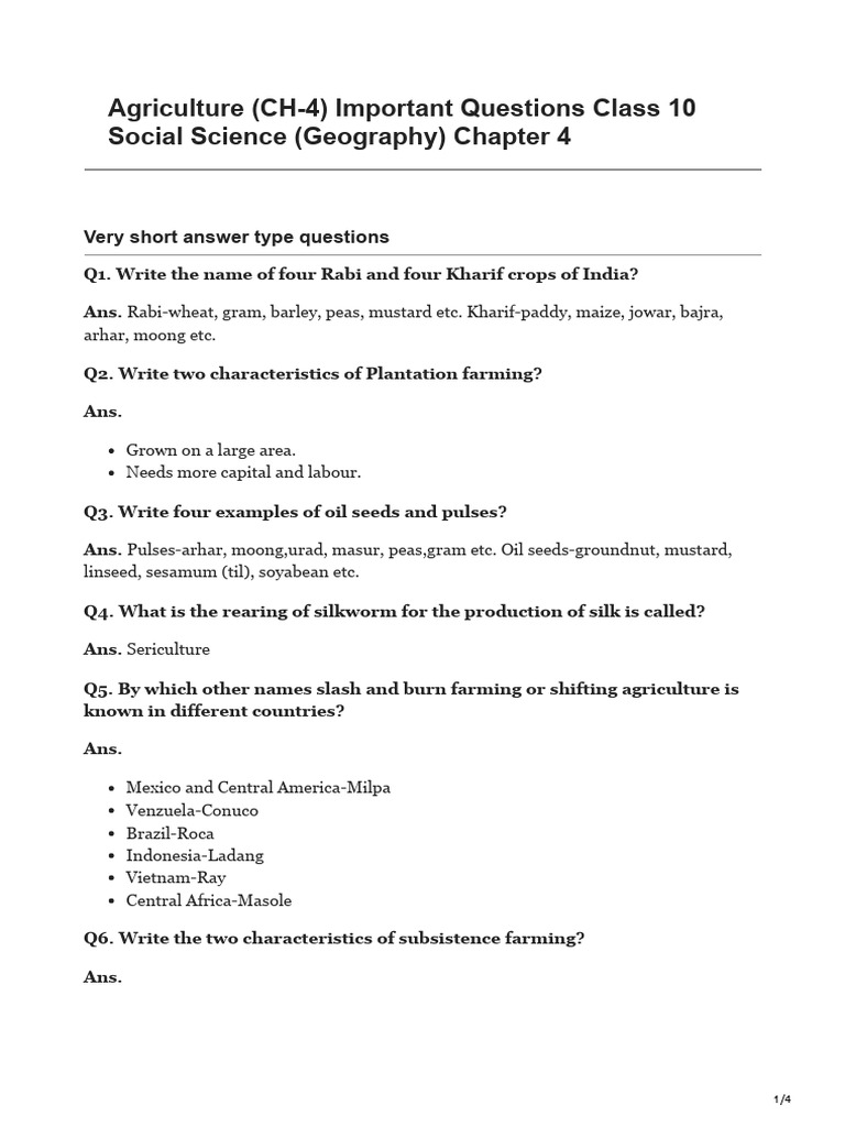 Class 10 Agriculture Key Questions | PDF | Agriculture | Legume