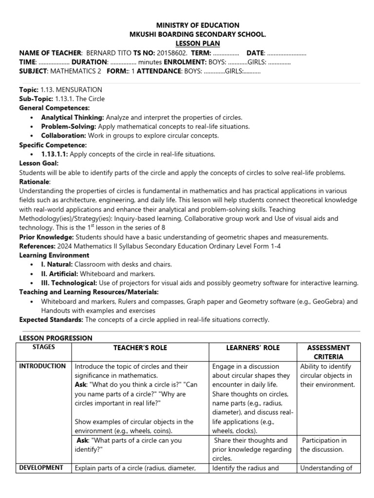 Mensuration Form 1 Lesson Plans-1 | PDF | Area | Circle
