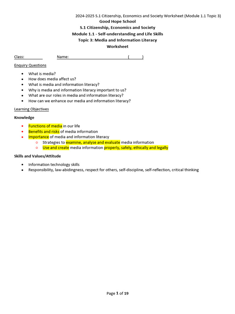 24-25 S.1 CES Module 1.1 Worksheet (Topic 3 Media and Information ...