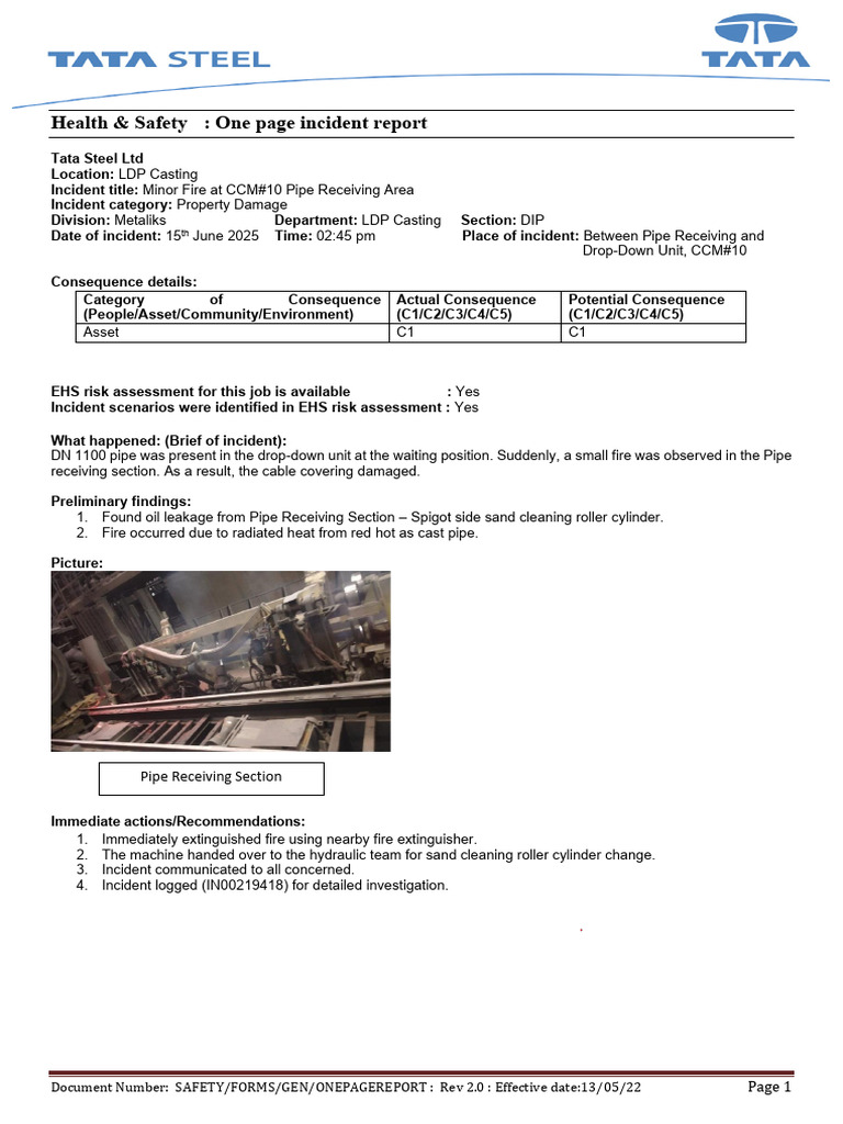 One Page Report-Minor Fire at CCM#10-DIP - 15062025 | PDF