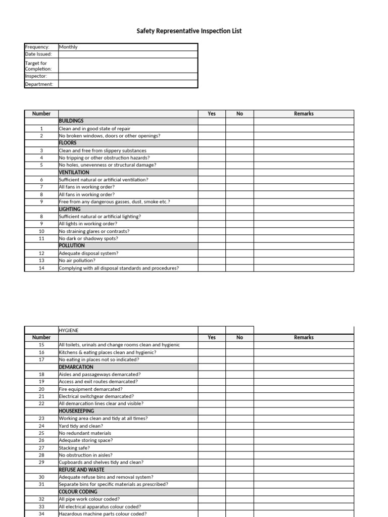 Safety Representative Inspection List | PDF | Housekeeping | First Aid