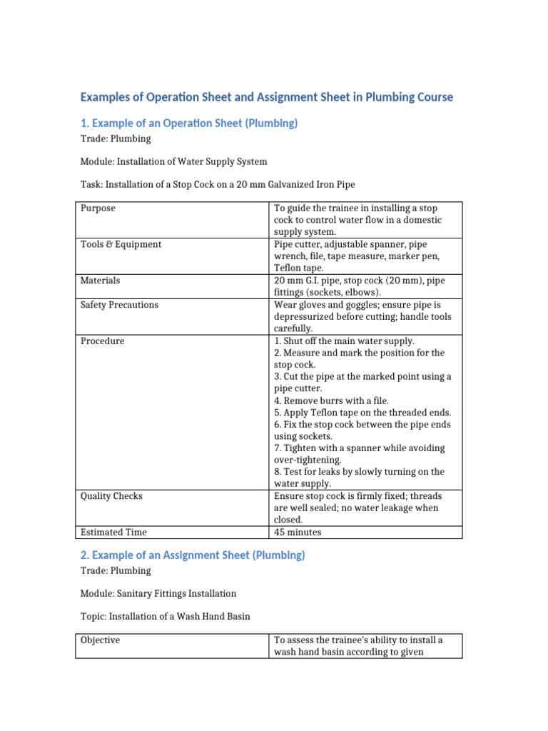 Plumbing Operation and Assignment Sheets | PDF | Pipe (Fluid Conveyance ...