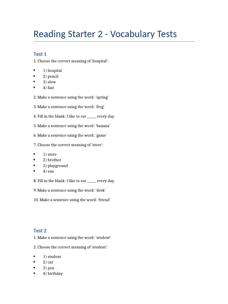 Reading Starter 2 Vocab Tests | PDF