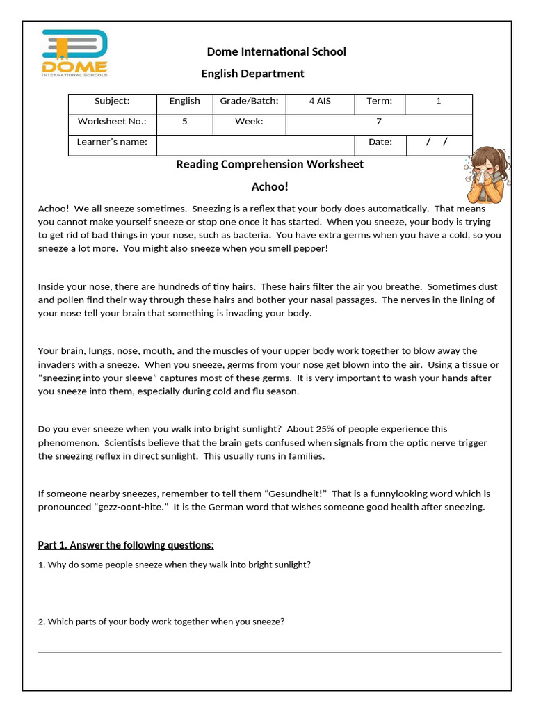 Reading Comprehension: Sneezing & Friends | PDF