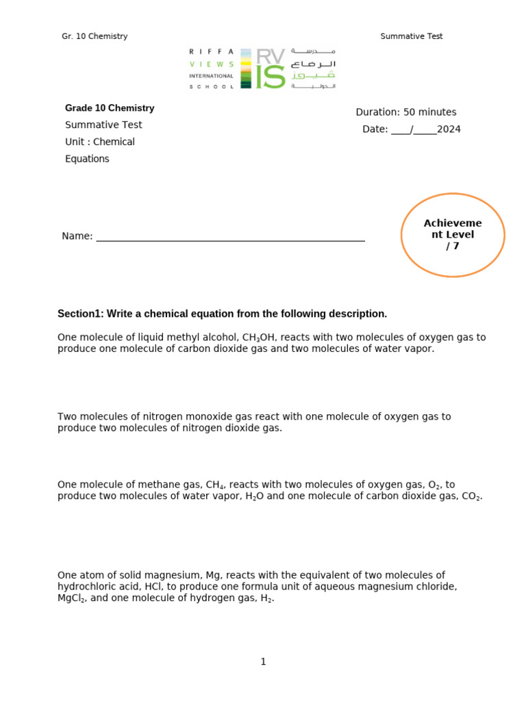 G10 Chemical Equations Test | PDF