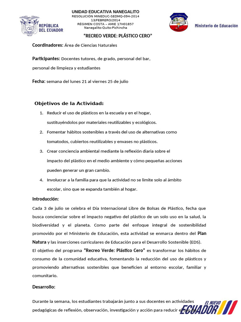 Recreo Verde: Plástico Cero en Nanegalito | PDF | Sustentabilidad | El ...