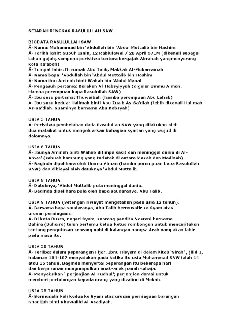 Sejarah Ringkas Rasulullah Saw | PDF