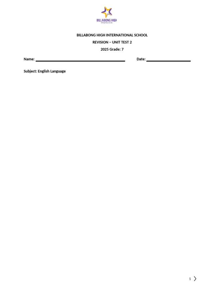 Grade 7 English Unit Test Revision | PDF