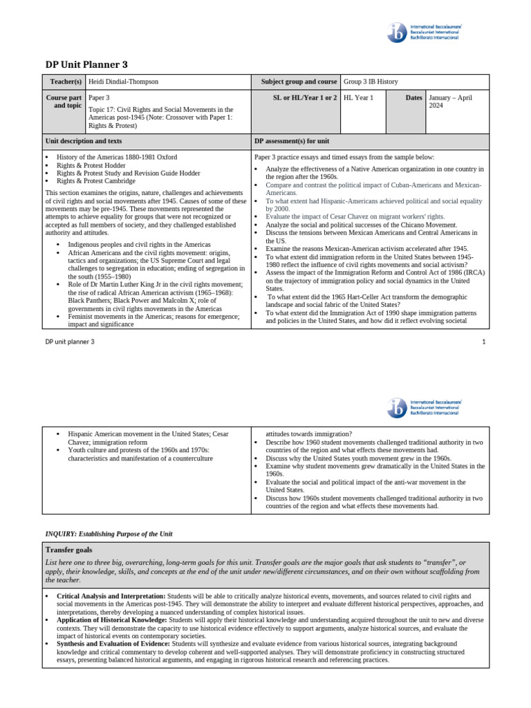 HL History Unit Planner IB Self Study | PDF | Critical Thinking ...