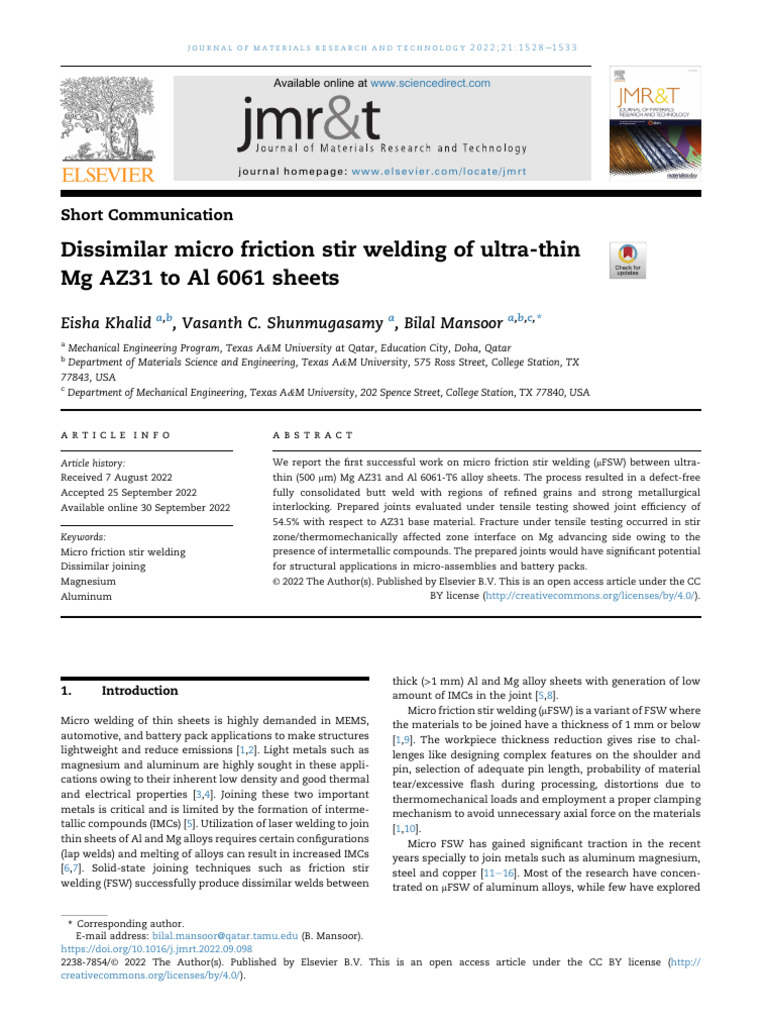 Dissimilar Micro Friction Stir Welding of Ultra-Thin MG AZ31 To Al 6061 ...