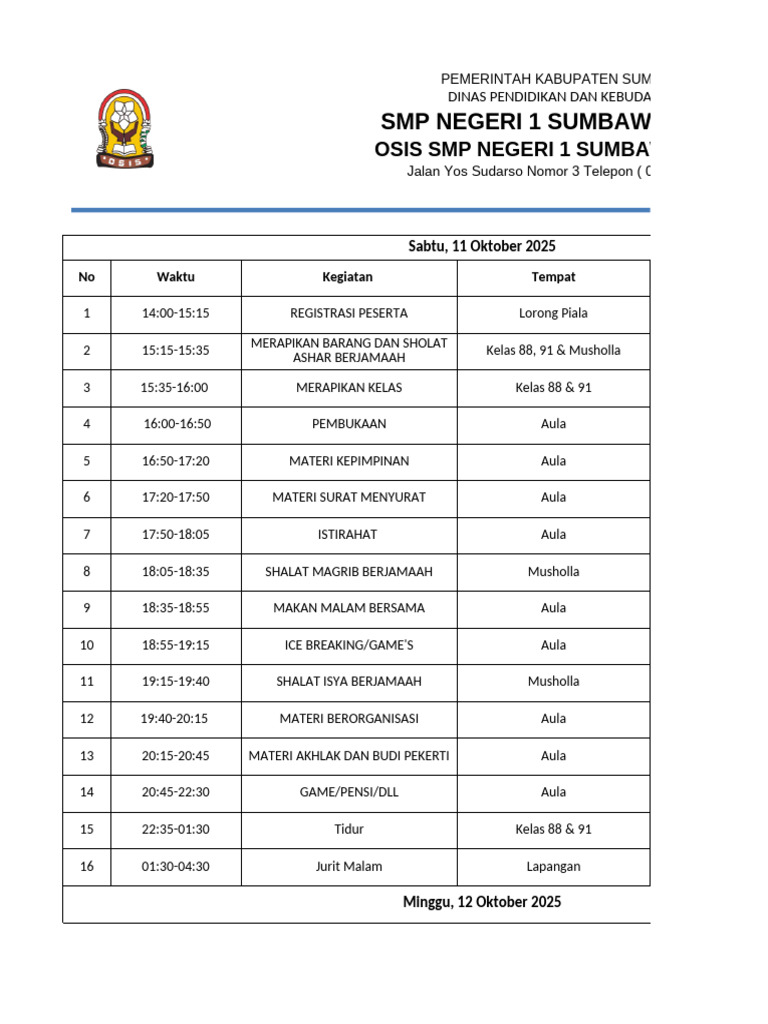 Jadwal Kegiatan LDK SMP Negeri 1 Sumbawa | PDF