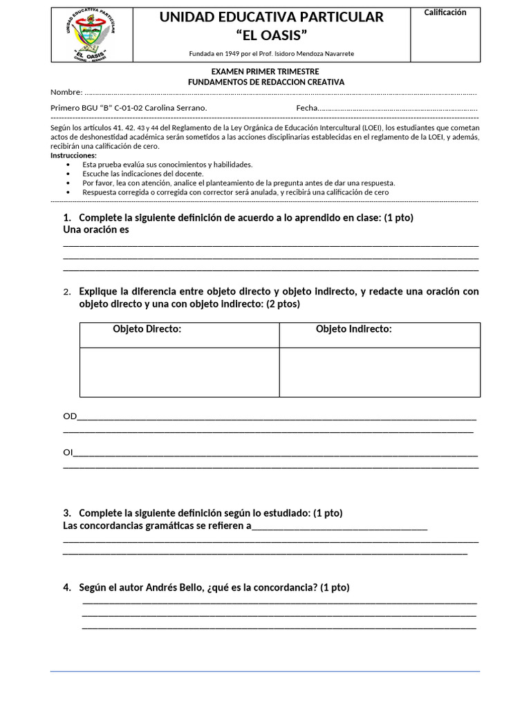 Examen de Redacción Creativa BGU | PDF | Oración (Lingüística) | Verbo
