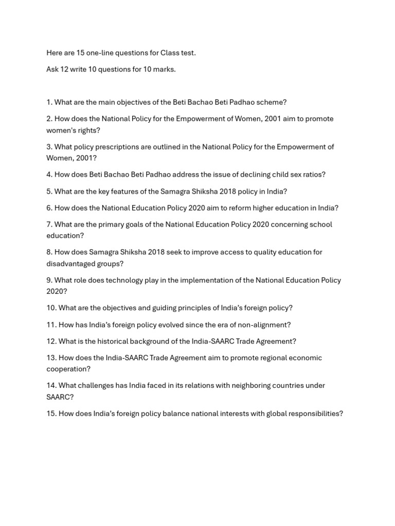 Class Test Questions on Indian Policies | PDF