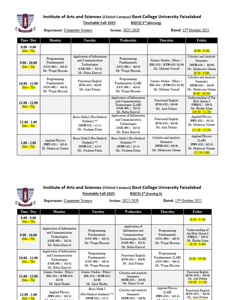 Fall 2025 BS(CS) Timetable GCU Faisalabad | PDF | Mathematics | Computing