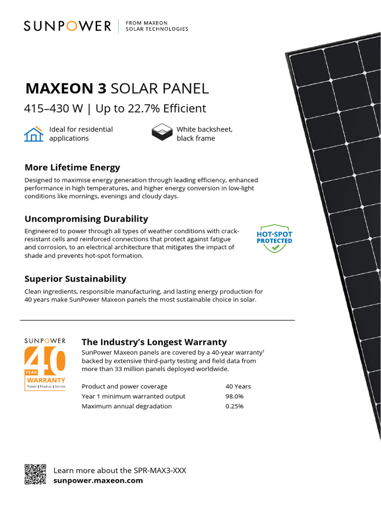 Maxeon 3 Solar Panels: 415-430W Efficiency | PDF | Solar Panel ...