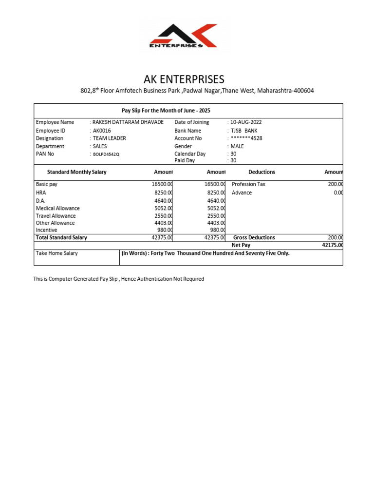 Rakesh Dhavade June Pay Slip 2025 | PDF