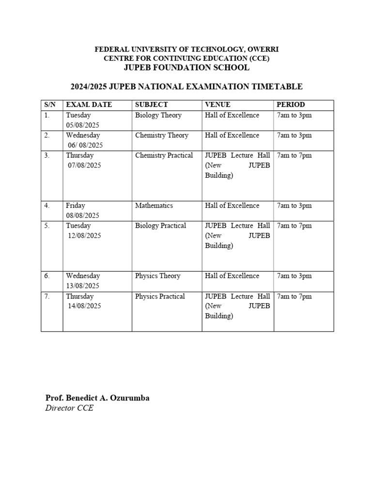 Jupeb National Exams Timetable Adjusted Lab Venues 2025 | PDF