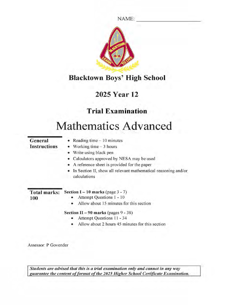 Blacktown Boys' High School Year 12 Math Exam | PDF | Function ...